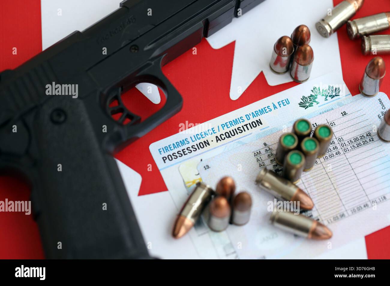 Canadian firearms license and handgun with bullets on Canadian flag ...