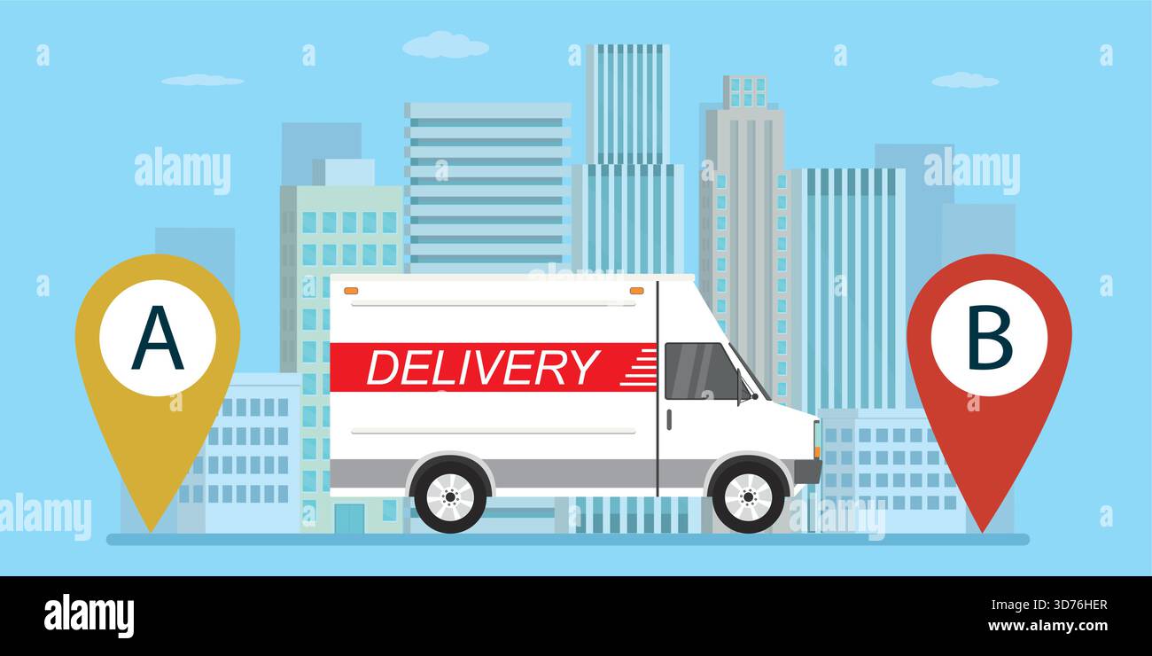 Cartoon delivery truck on city skyscrapers background. Fast delivery ...