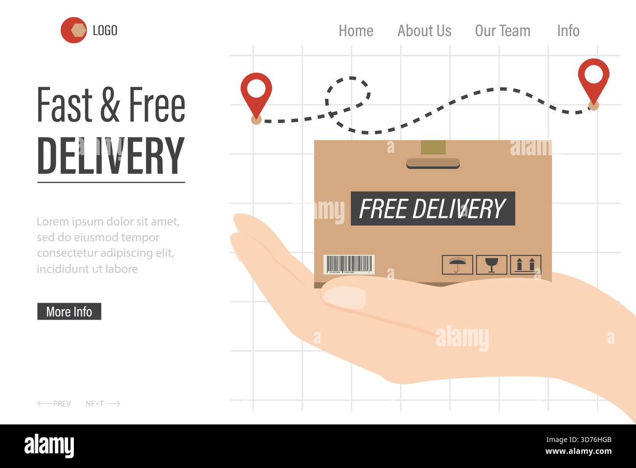 Free and fast delivery landing page template. Parcel box on hand ...