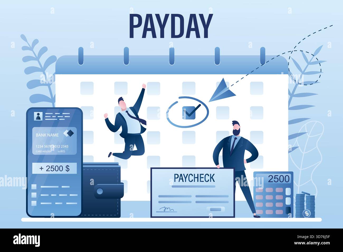Calendar with payday date. Handsome boss holding paycheck. Happy male ...