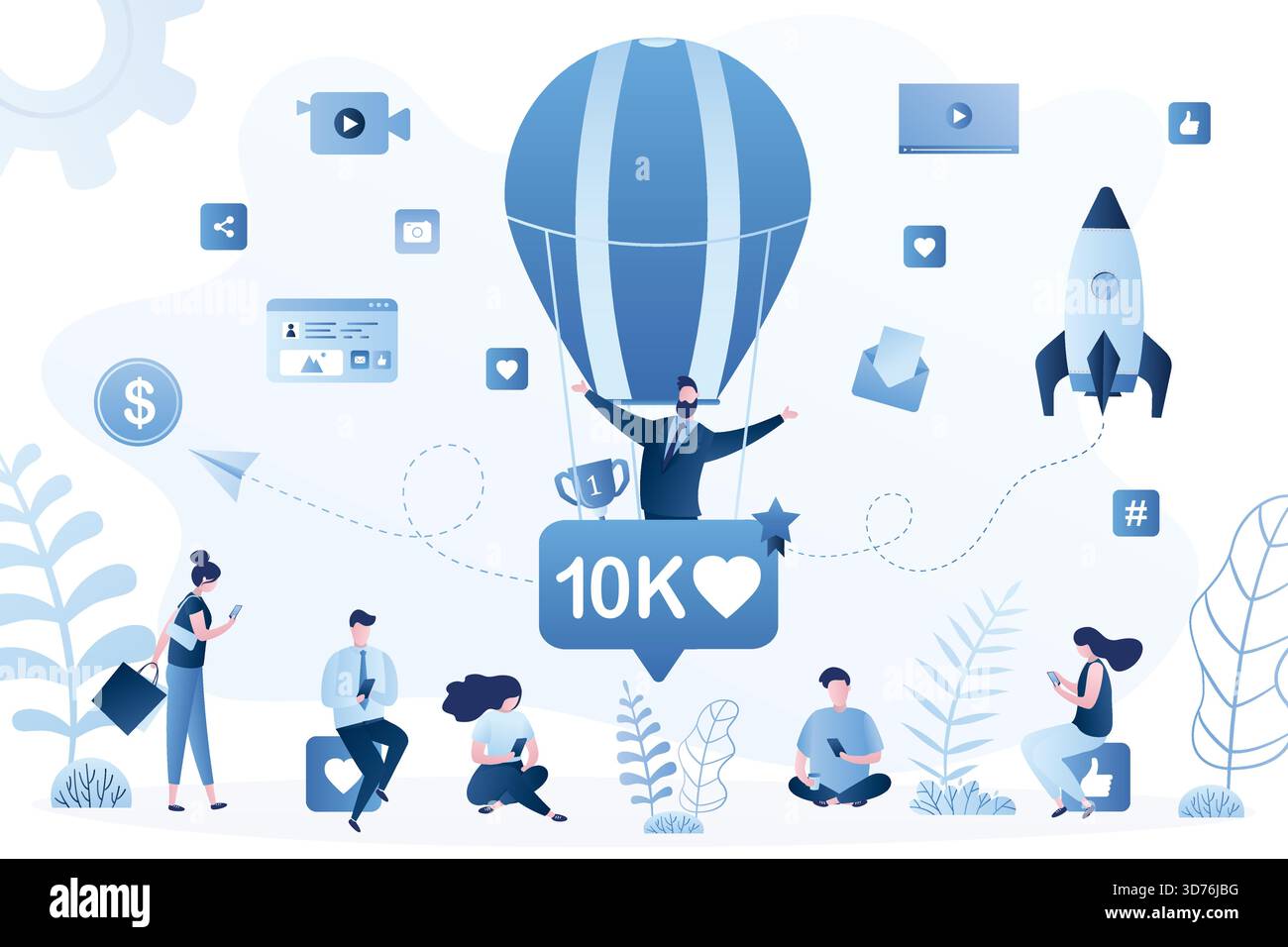 Happy man flies in a balloon, getting many likes. Successful profile in ...