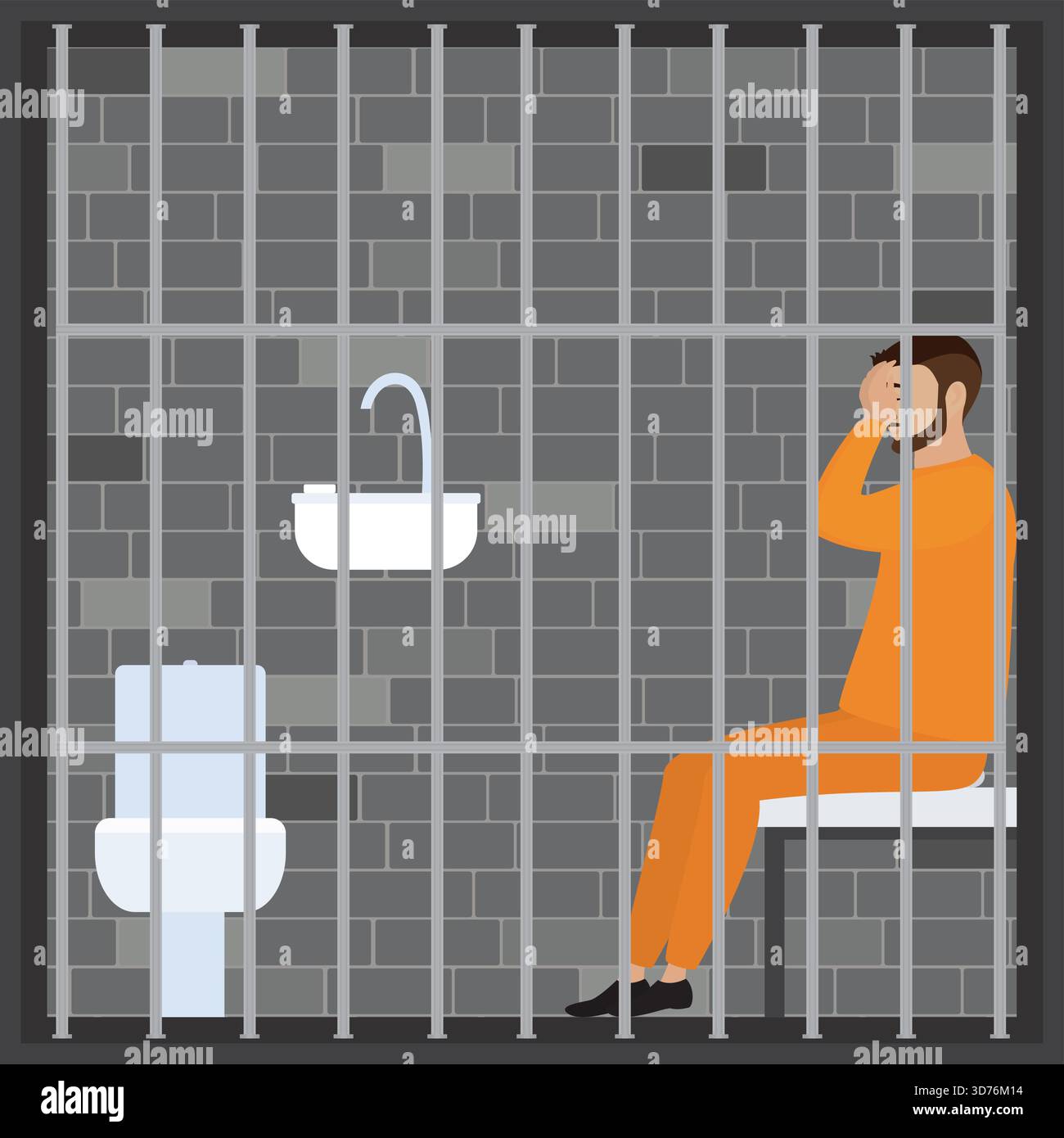 Jailed man in prison cell. Suspect, convict in Interrogation Room ...