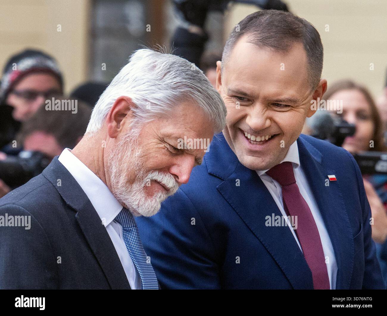 Czech President Petr Pavel, left, welcomes his Polish counterpart Karol ...