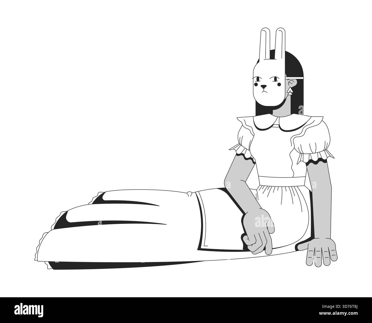 Girl in bunny mask sitting in frilly dress with apron 2D line character ...