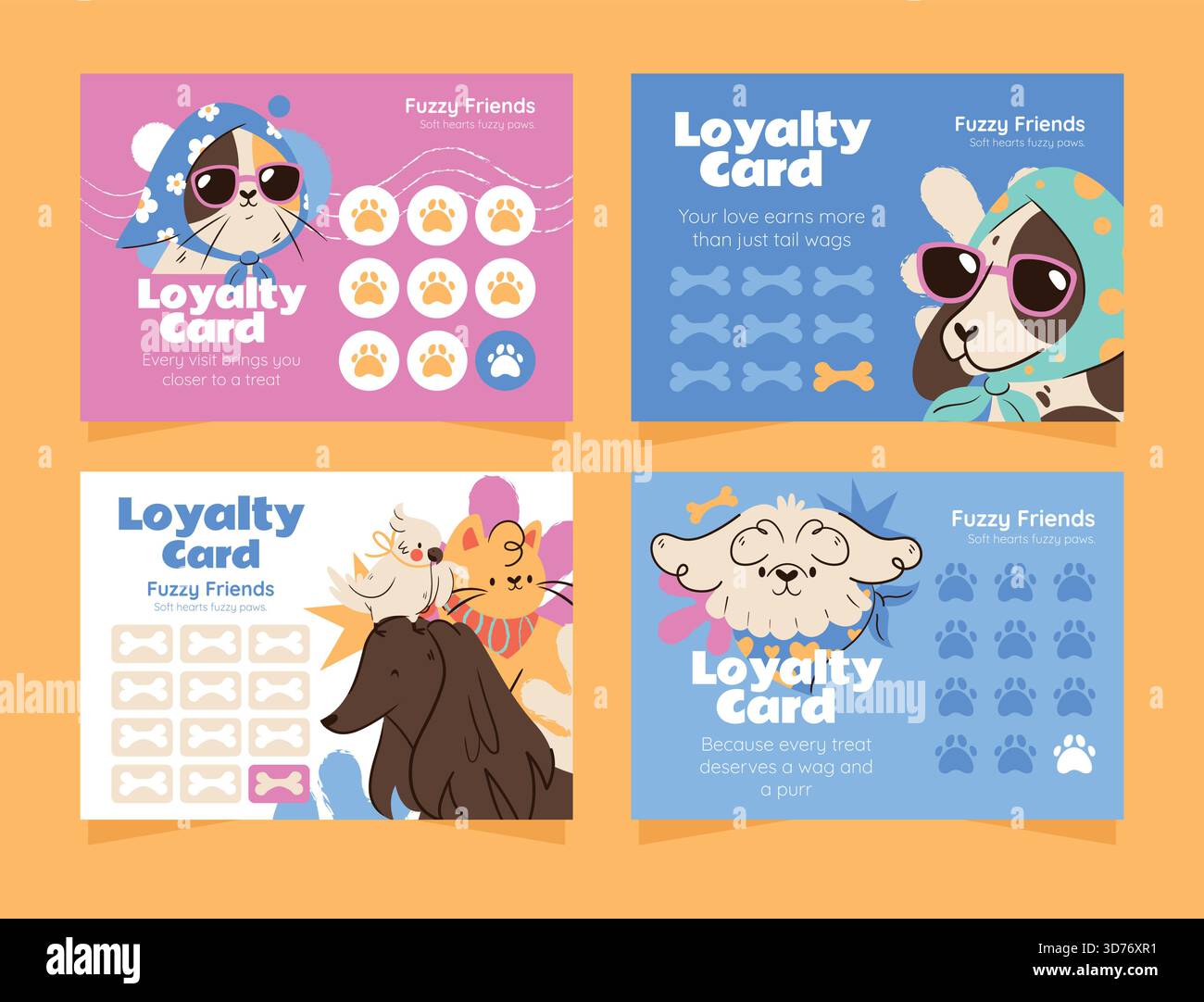 Horizontal loyalty card designs for pet shop flat cartoon Stock Vector ...