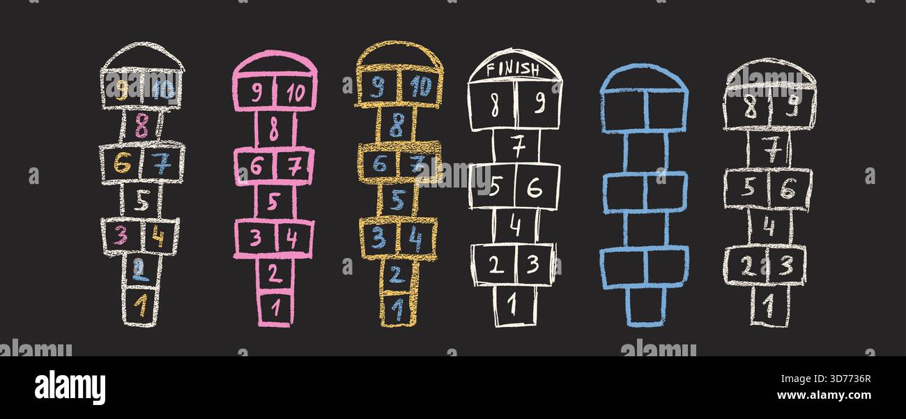 Hopscotch playground games set drawing on chalkboard. Kids hop scotch ...