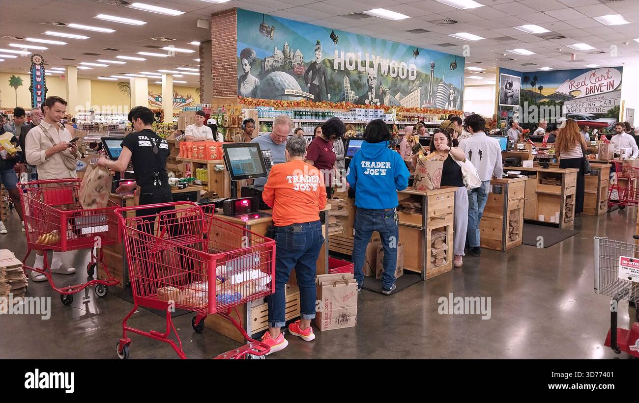 Customers paying for purchases inside a Trader Joe's store in Hollywood ...