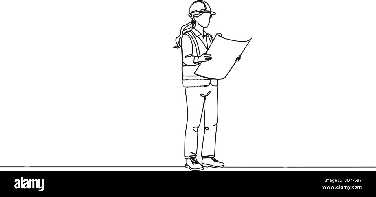 continuous line drawing of female civil engineer or construction worker ...