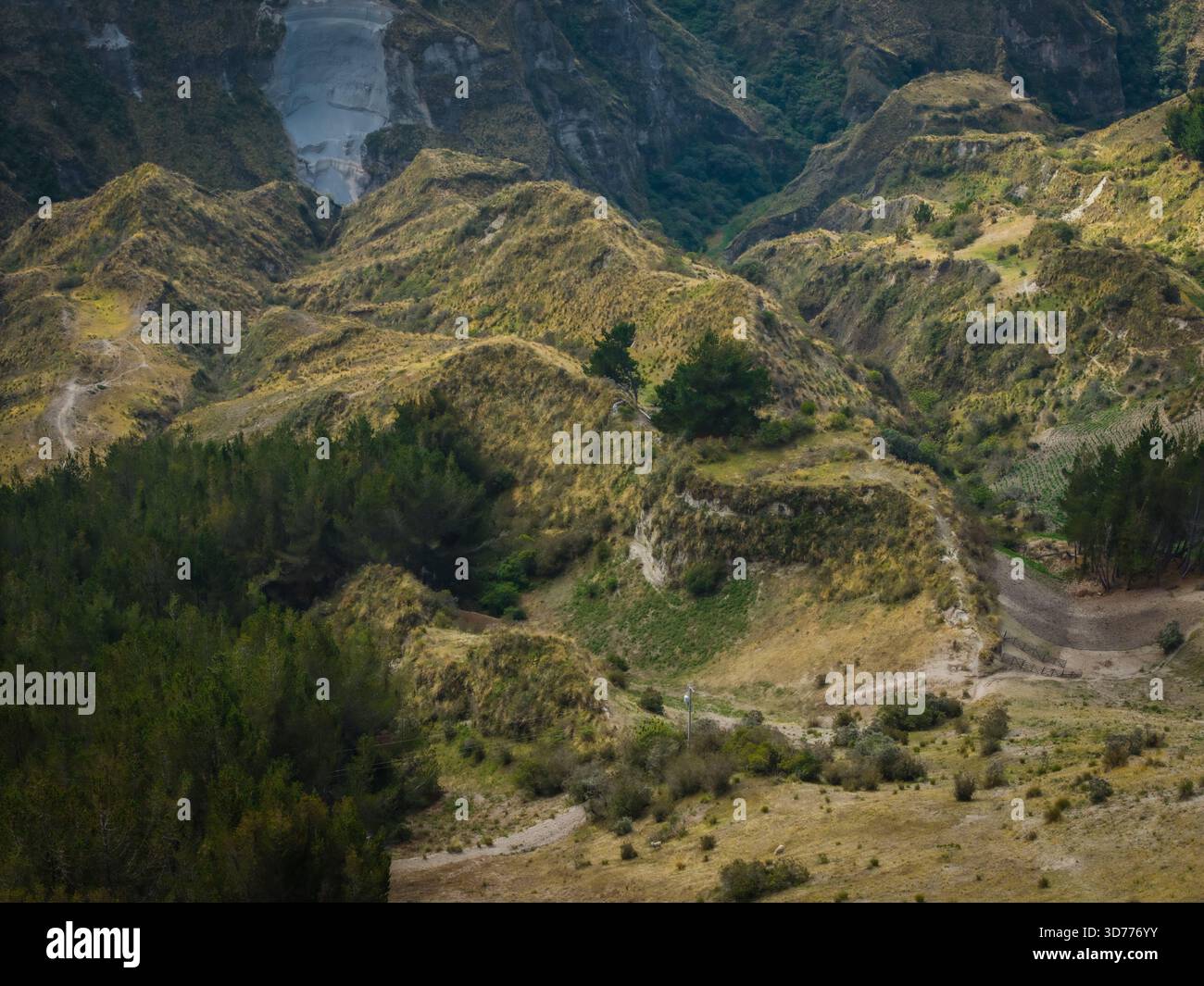 Aerial view of the rugged terrain and sparse vegetation create a ...