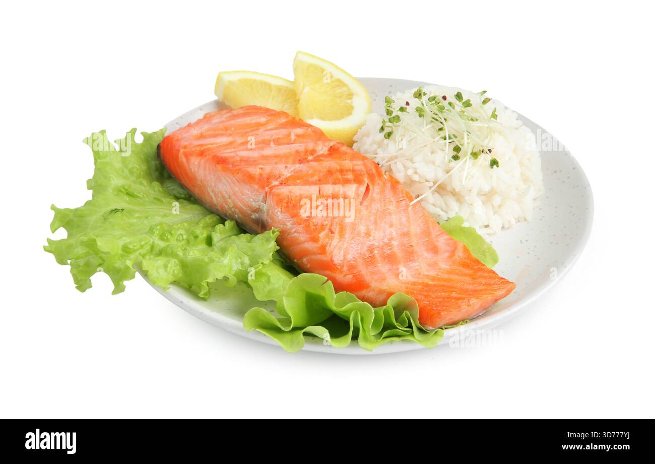 Piece of tasty grilled salmon, lemon, lettuce, rice and microgreens ...