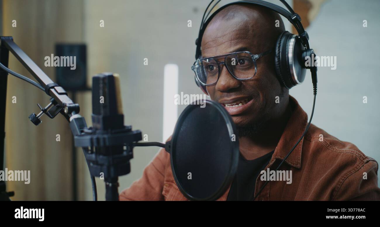 Confident African American Podcast Guest Wearing Glasses and Large ...
