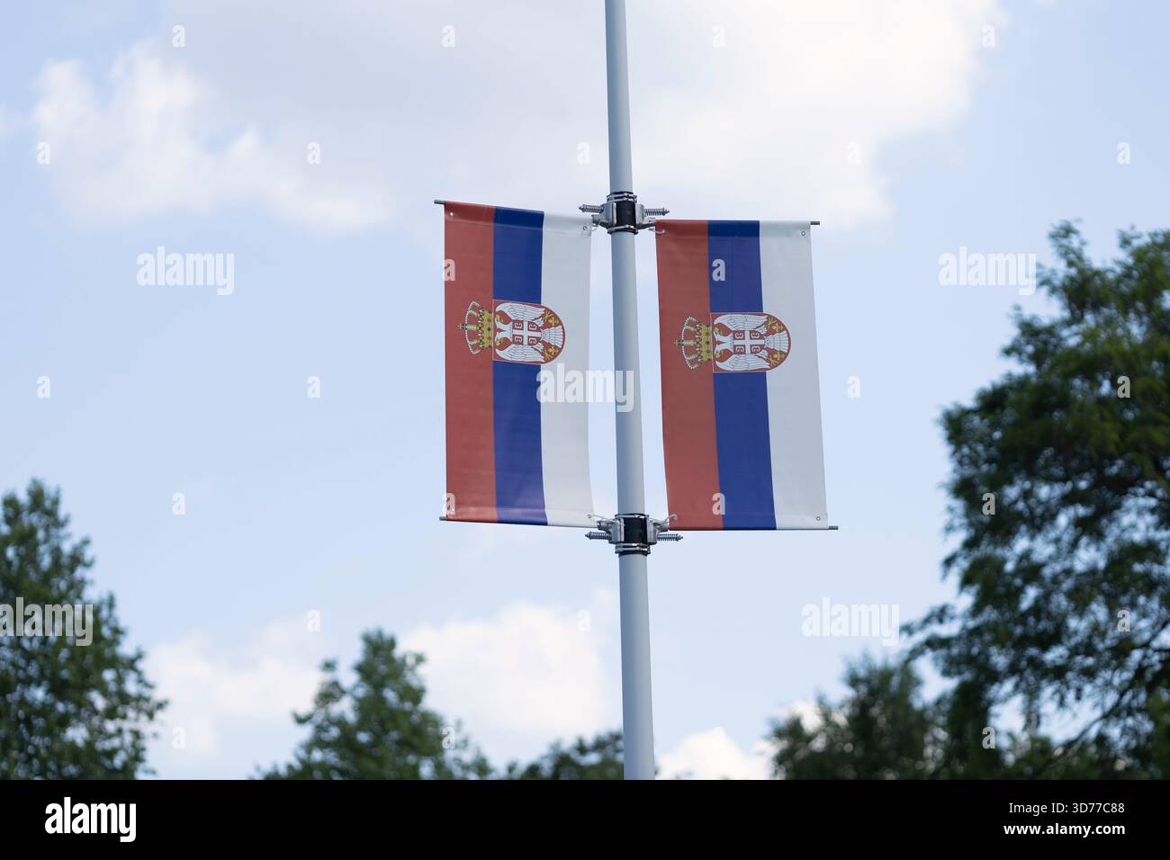 Two Serbian flags displayed on a pole Stock Photo - Alamy