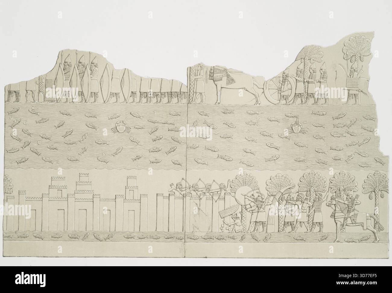 Siege of a city on the bank of a river, depicting the events related to ...