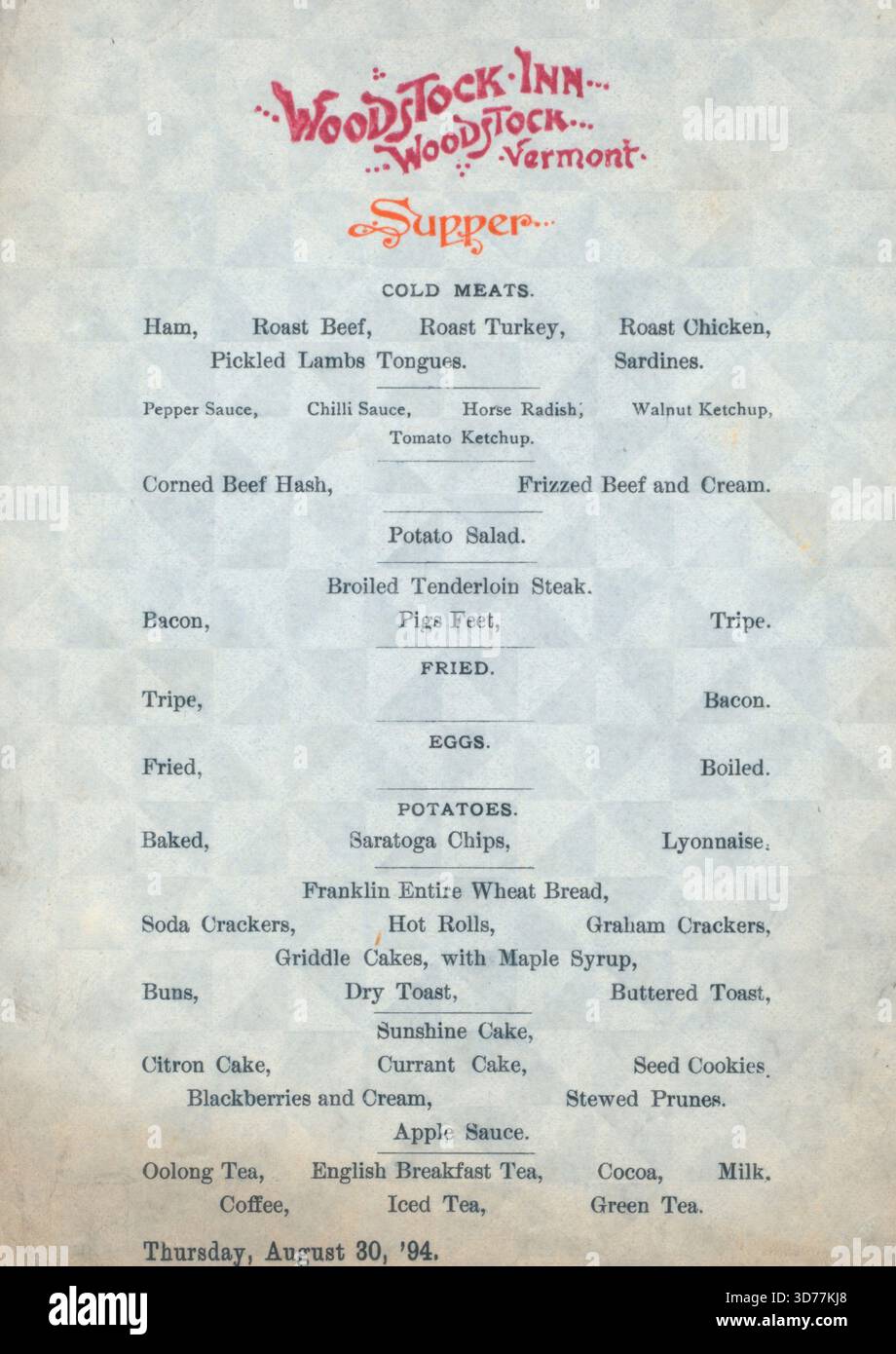 Supper menu held by Woodstock Inn in Woodstock, Vermont, issued in 1894 ...