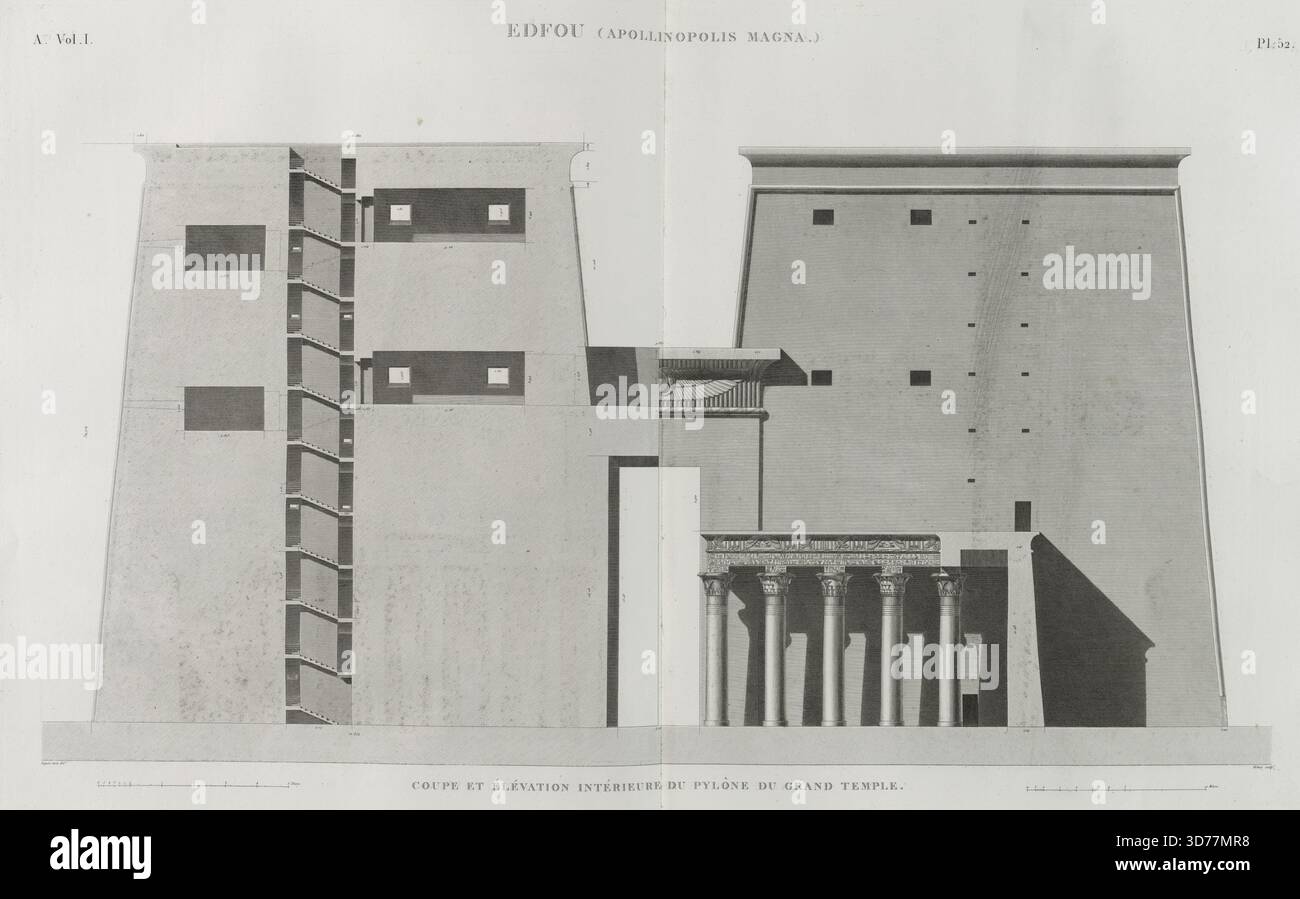 Coupe et elevation interieure du pylone du grand temple hi-res stock ...