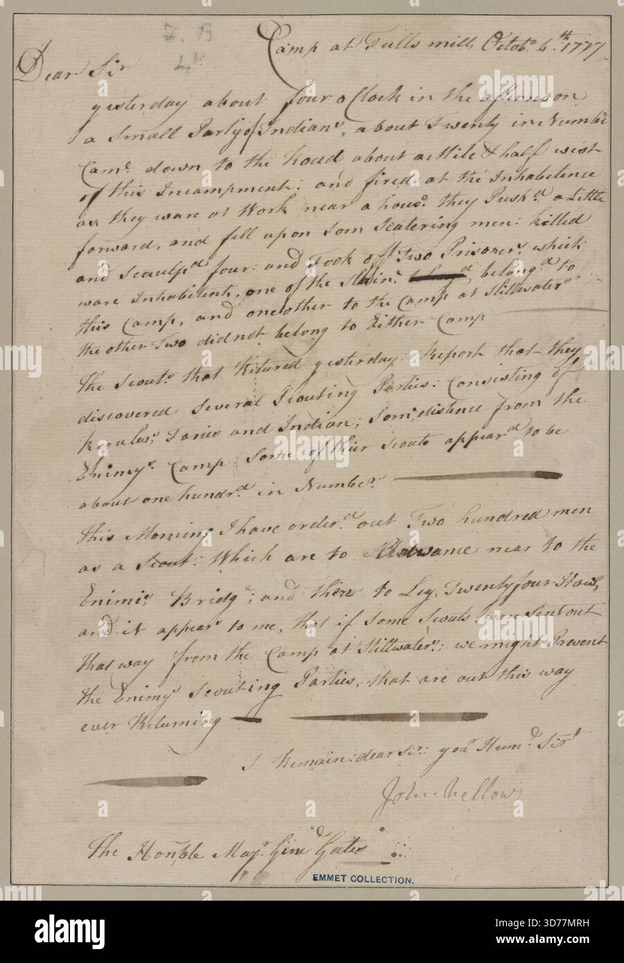 A letter addressed to General Horatio Gates, dated October 4, 1777 ...