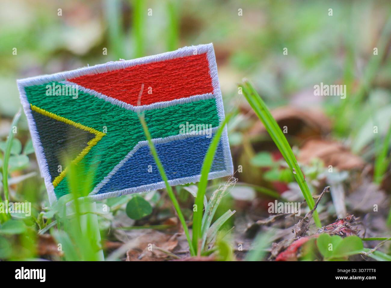 South Africa flag patch placed in natural green grass, highlighting ...