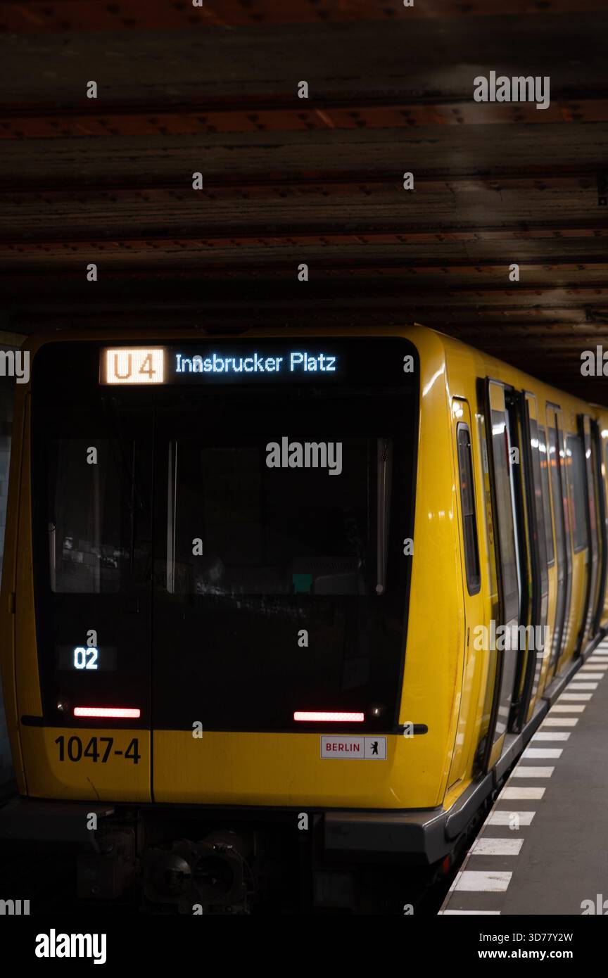24 November 2025, Berlin: A subway train on line 4 arrives at ...
