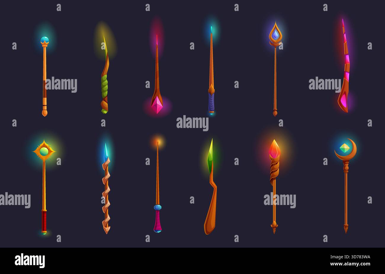 Magic wands. Wooden wand with gems, magical stones and lights. Wizard ...