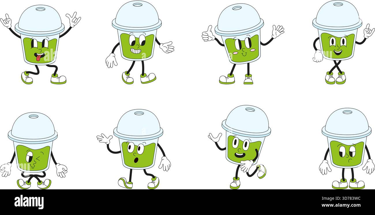 Groovy matcha character. Japanese plant tea characters in various poses ...