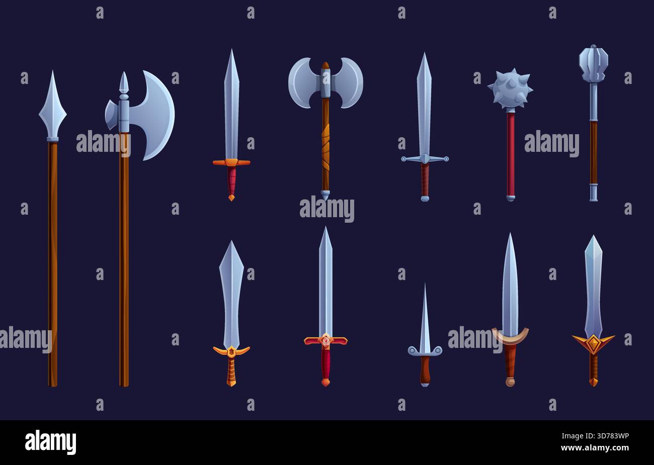 Medieval cartoon weapon. Ancient sword, knife, axe. Viking or knight ...