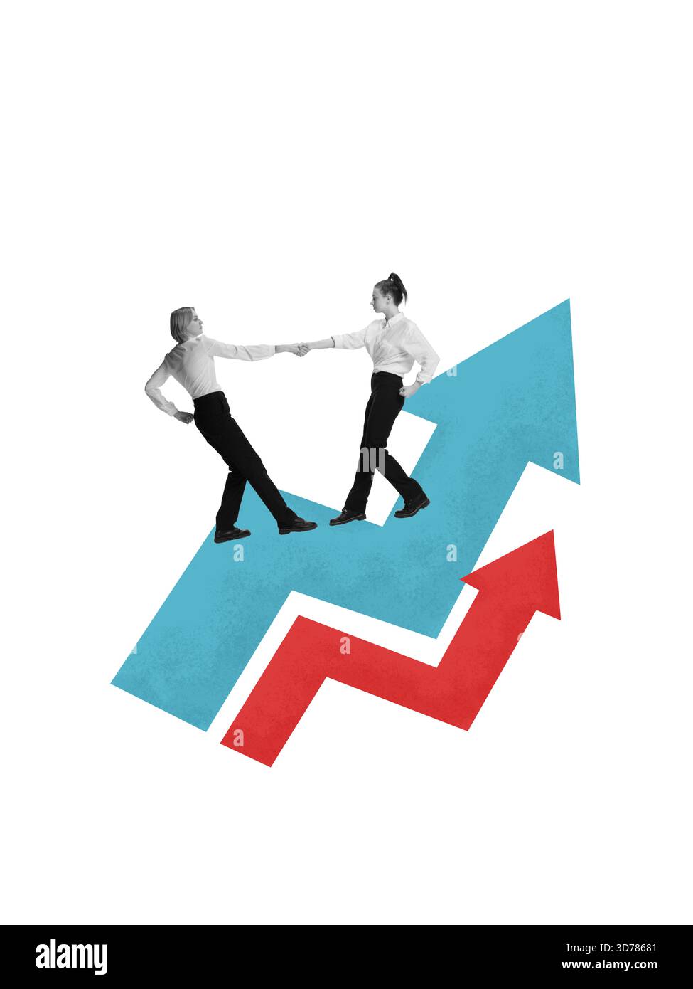 Dynamic graphic composition of two businesswomen balancing on rising ...