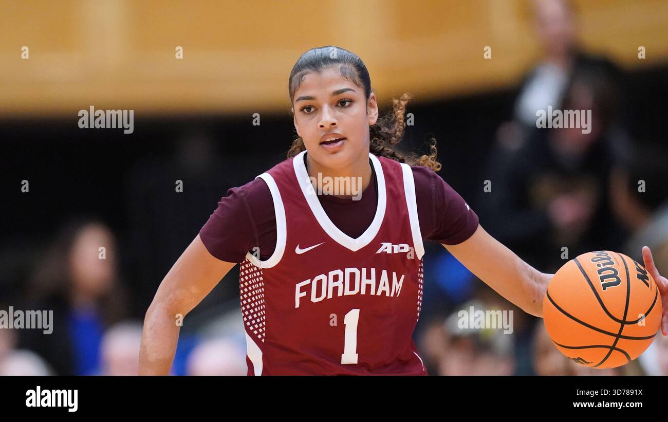 Fordham guard Maysen Hill (1) during an NCAA basketball game against Seton Hall, Thursday, Nov ...
