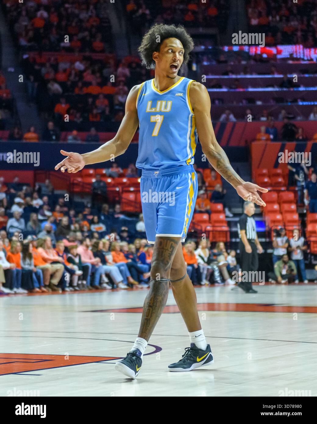 Long Island's Isaiah Miranda reacts during an NCAA college basketball ...