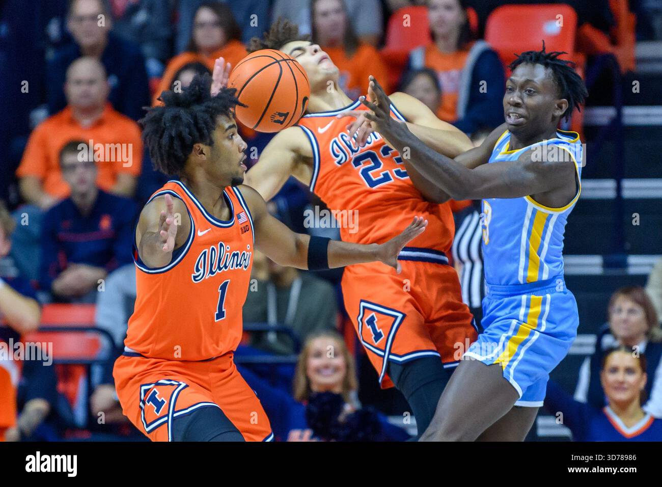 Long Island's Faheim Meran battles for the ball with Illinois' Brandon ...