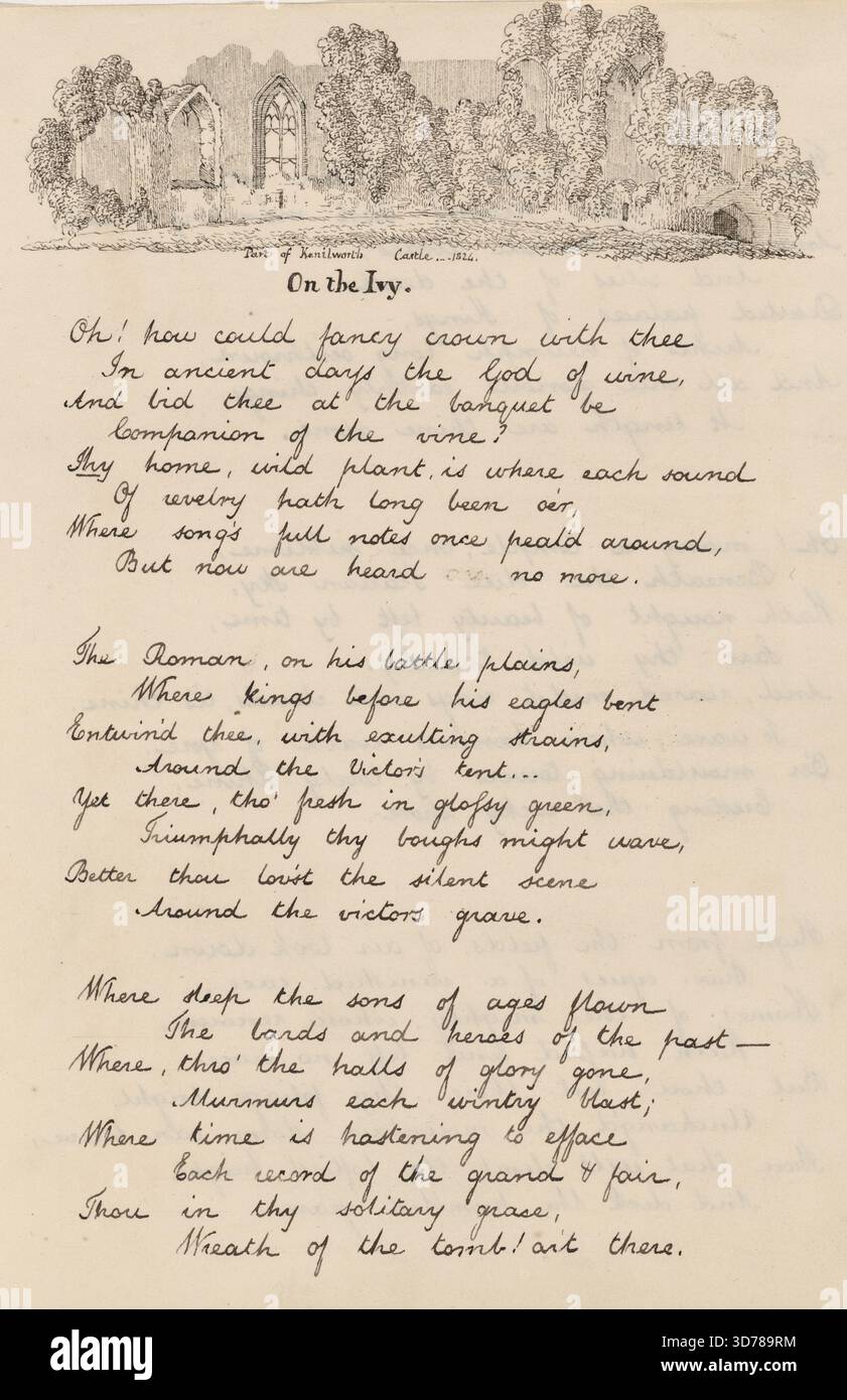 Manuscript copy of Felicia Hemans' poem, 'On the Ivy,' featuring two ...