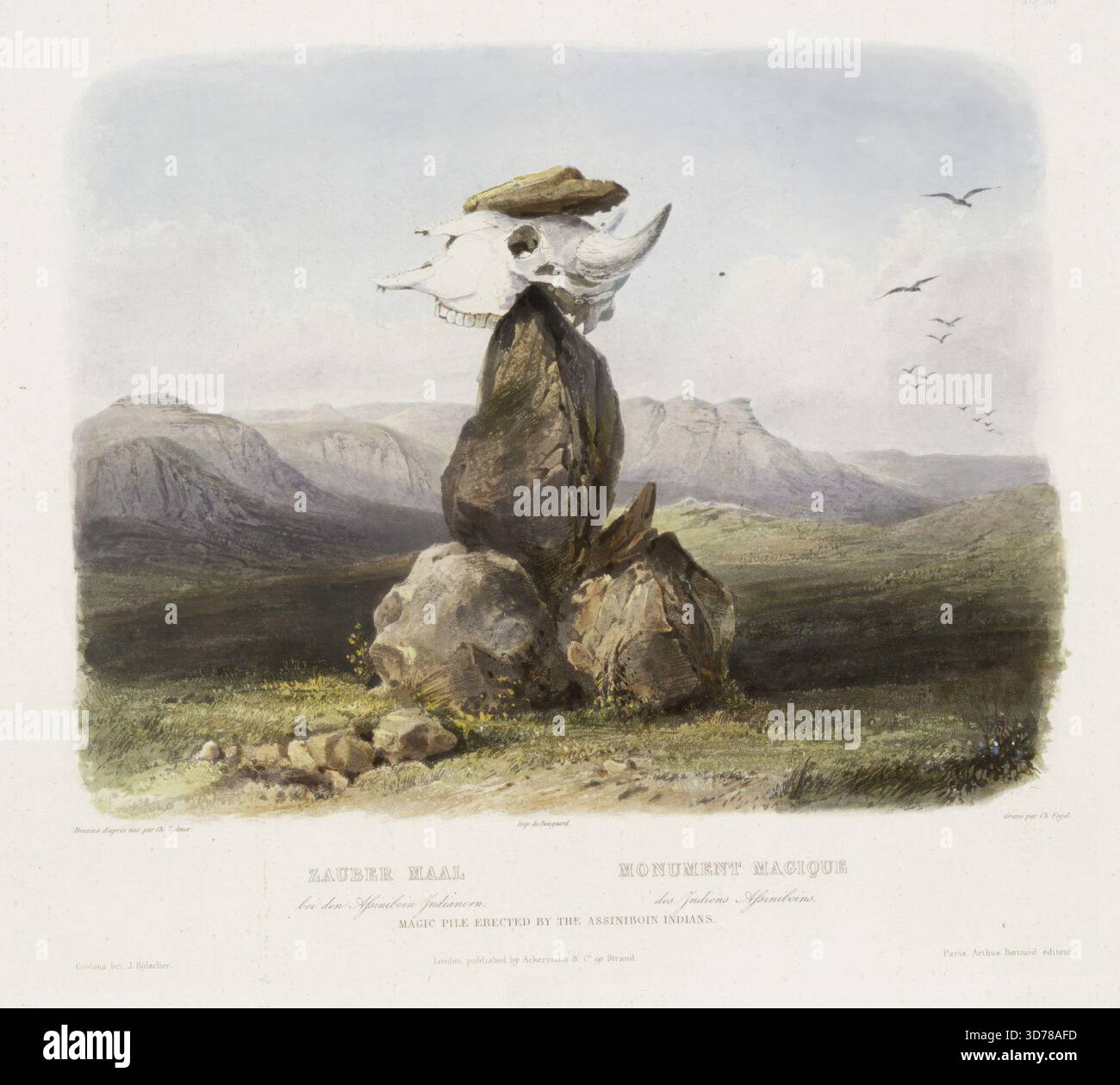 A depiction of the 'Magic pile' erected by the Assiniboin Indians ...