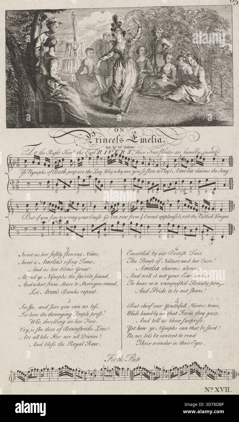 Engraving titled 'On Princess Emelia,' dated 1730 - 1799, depicting a ...