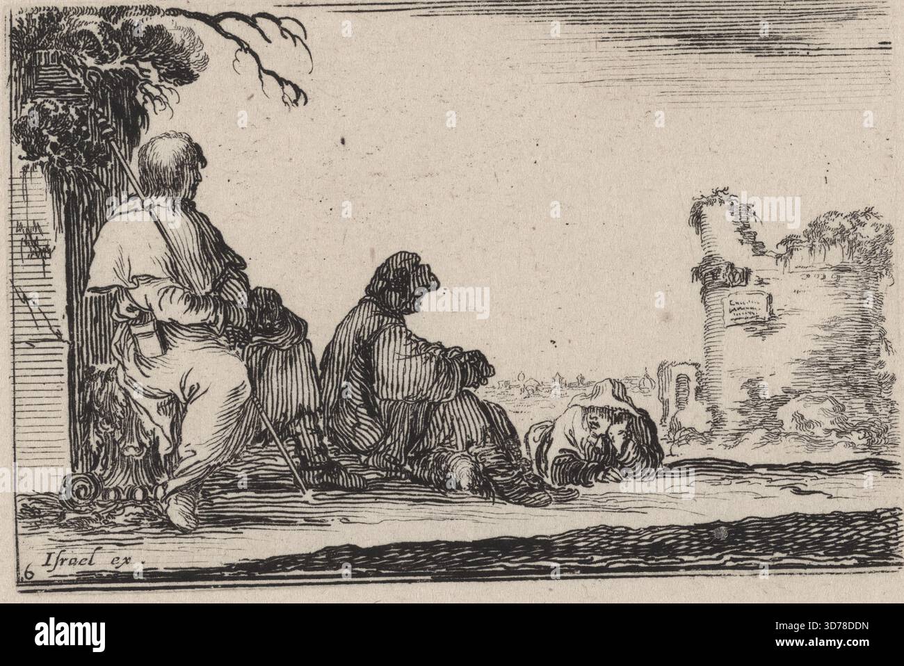 The etching features two seated pilgrims and a peasant lying face down ...