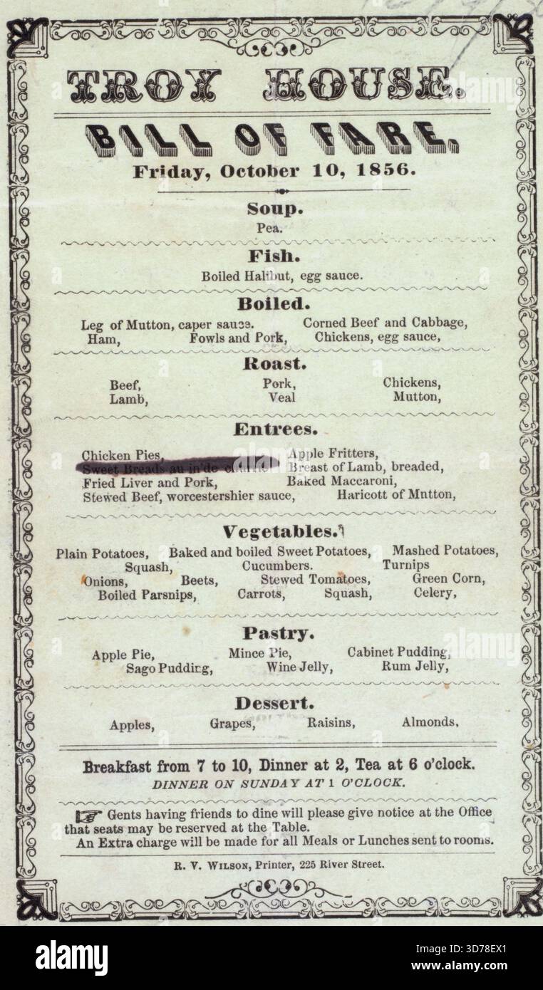 DAILY MENU held by TROY HOUSE at 'TROY, NY' (HOTEL), 1851 - 1859, 1856 ...