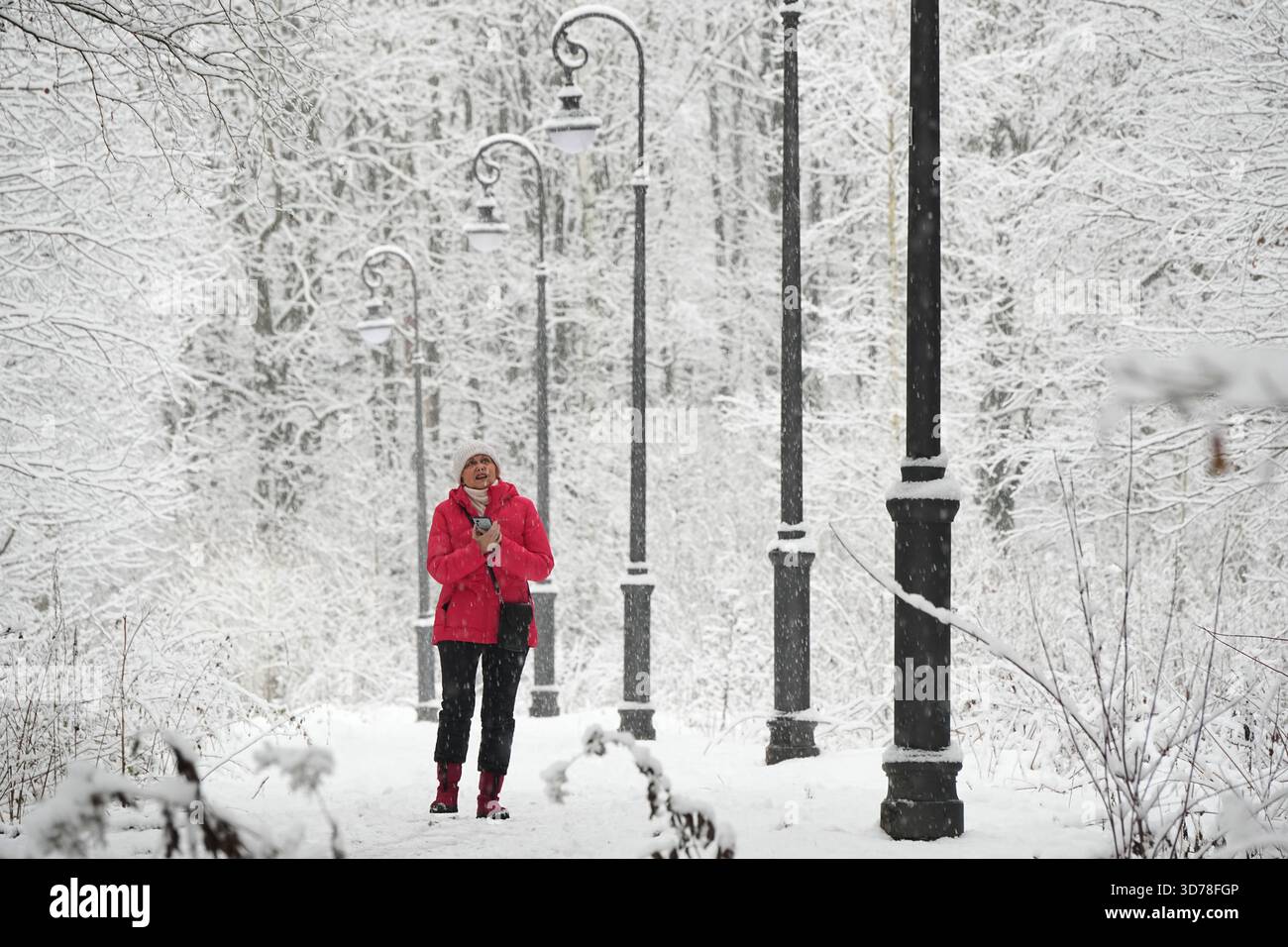 A woman walks in a park during a snowfall in St. Petersburg, Russia ...
