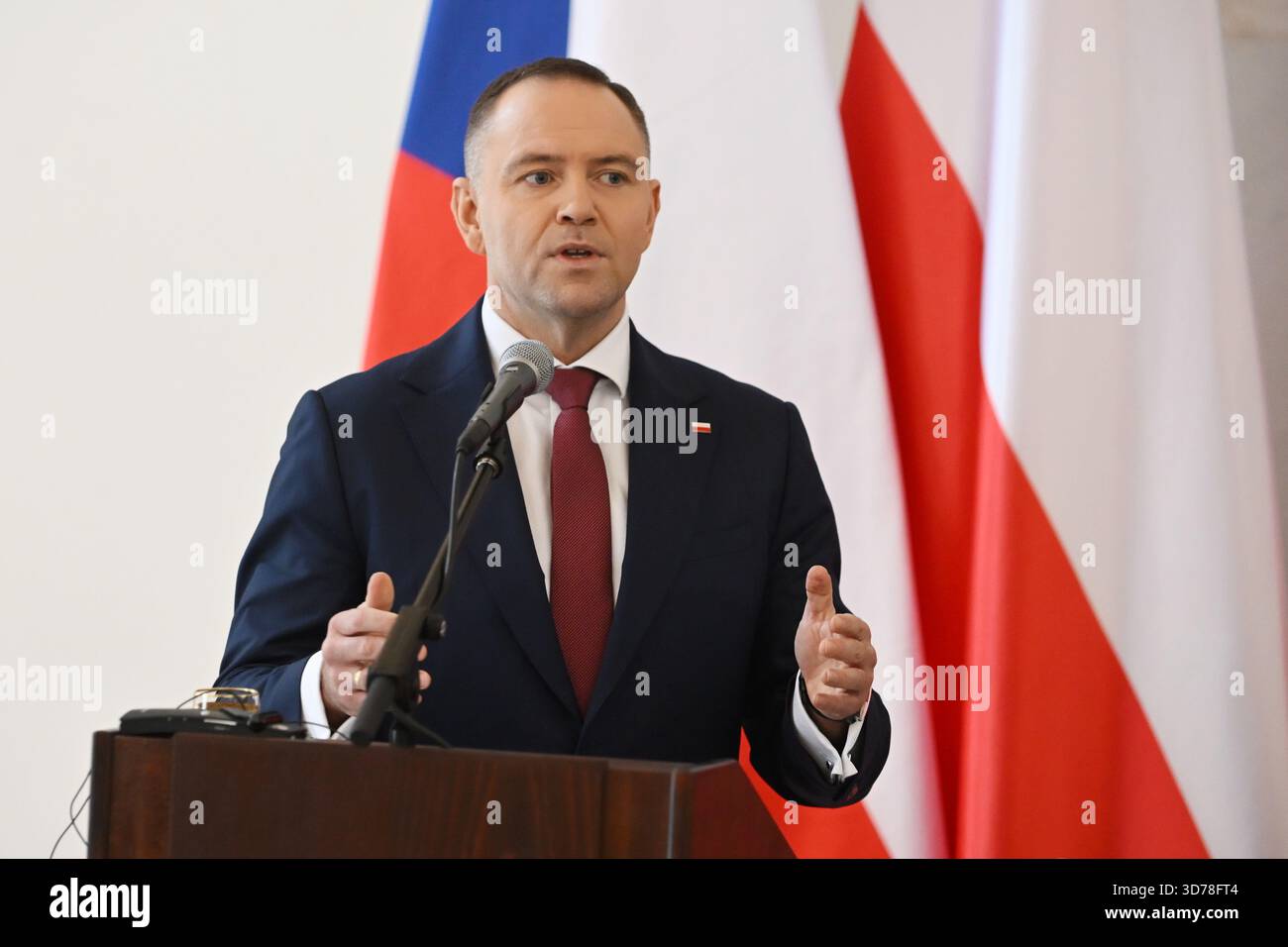 Polish President Karol Nawrocki speaks to the media during a joint ...