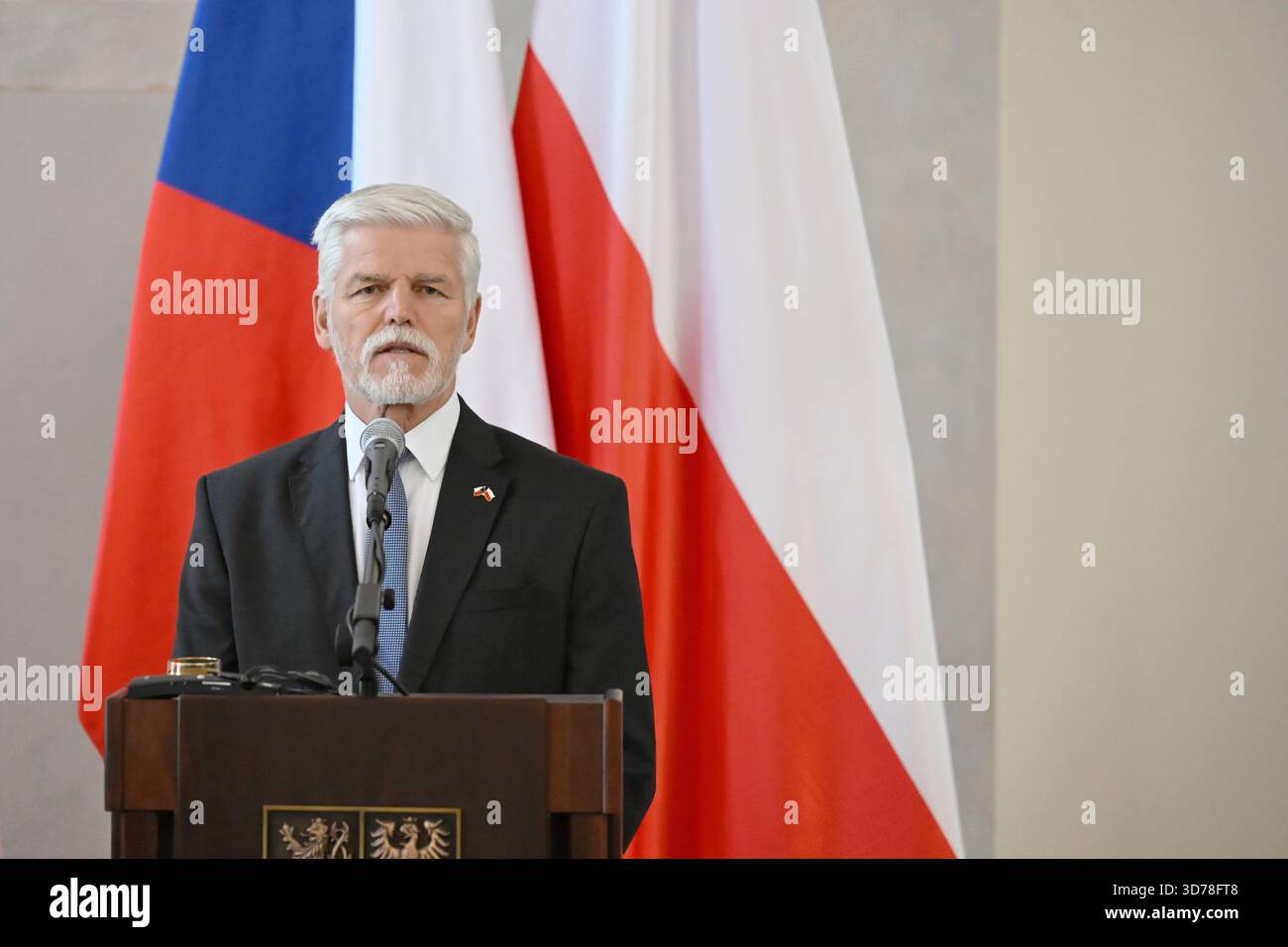 Czech President Petr Pavel speaks to the media during a joint press ...