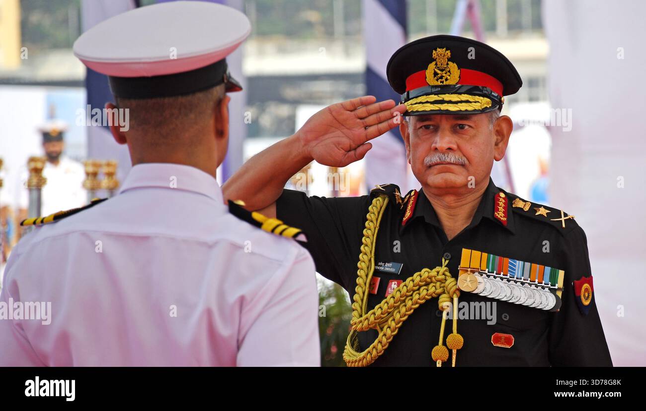 General Upendra Dwivedi (R) Chief of the Army Staff salutes a navy ...