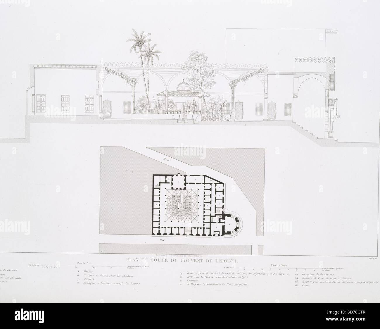 Plan and section of the Dervish Convent, 1839, by Pascal Coste (1787 ...