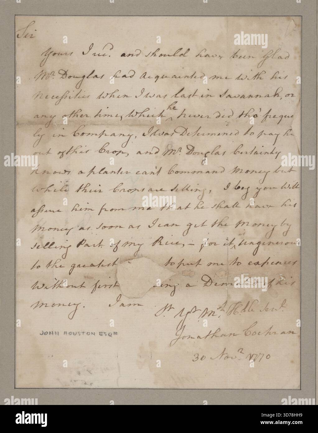 A handwritten letter addressed to John Houstoun, dated November 30 ...