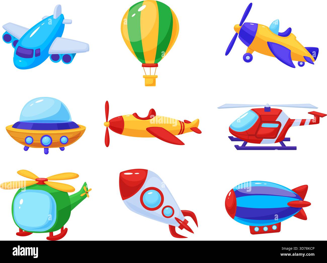 Cartoon air transport. Children plastic flying toys. Spaceship, hot air ...