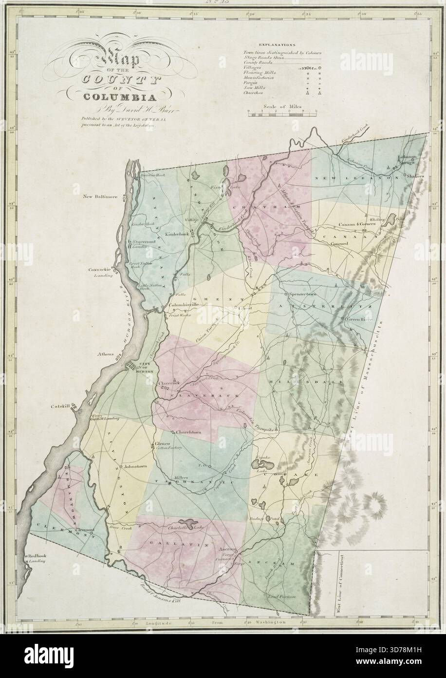 Map of Columbia County, New York, published by D. H. Burr in 1829. The ...