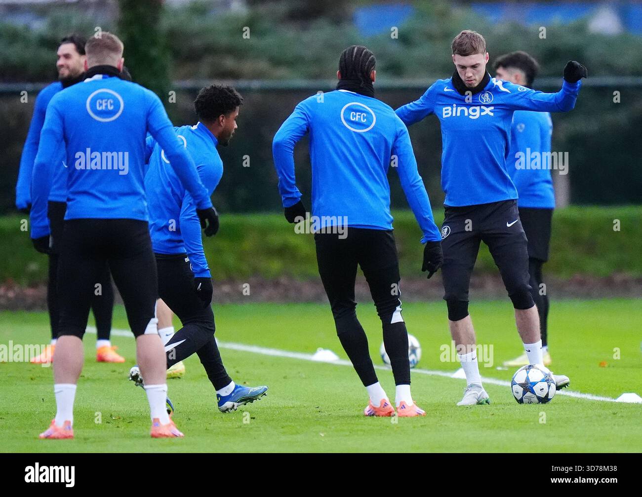Chelsea's Cole Palmer (right) during a training session at Cobham ...