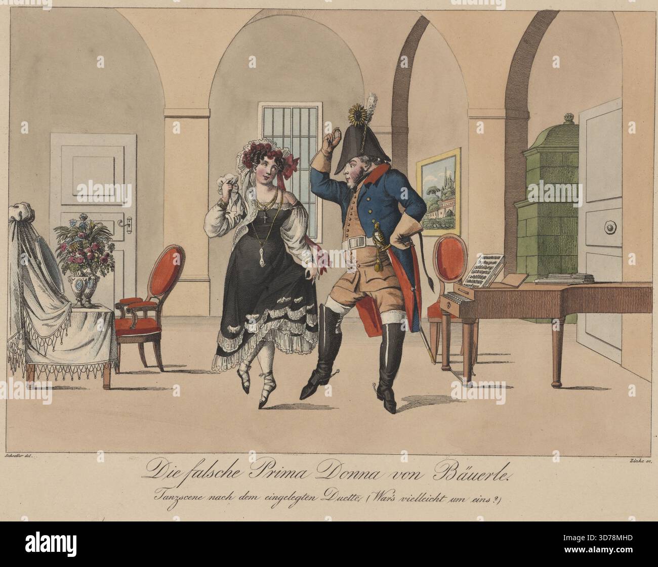 Engraving titled 'Die falsche Prima Donna von Bäuerle Tanzscene nach ...
