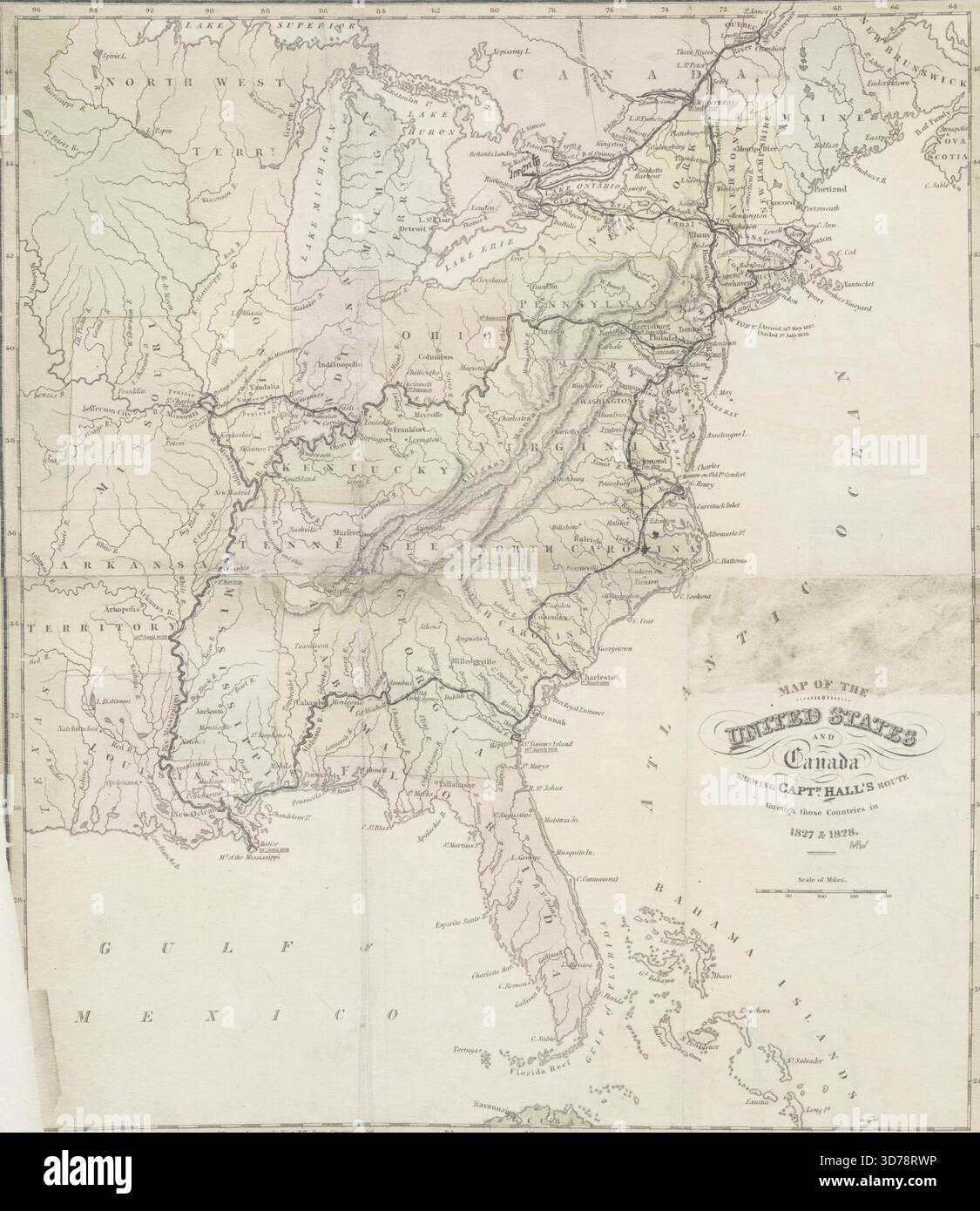 Map of the United States and Canada showing Captain Hall's route ...