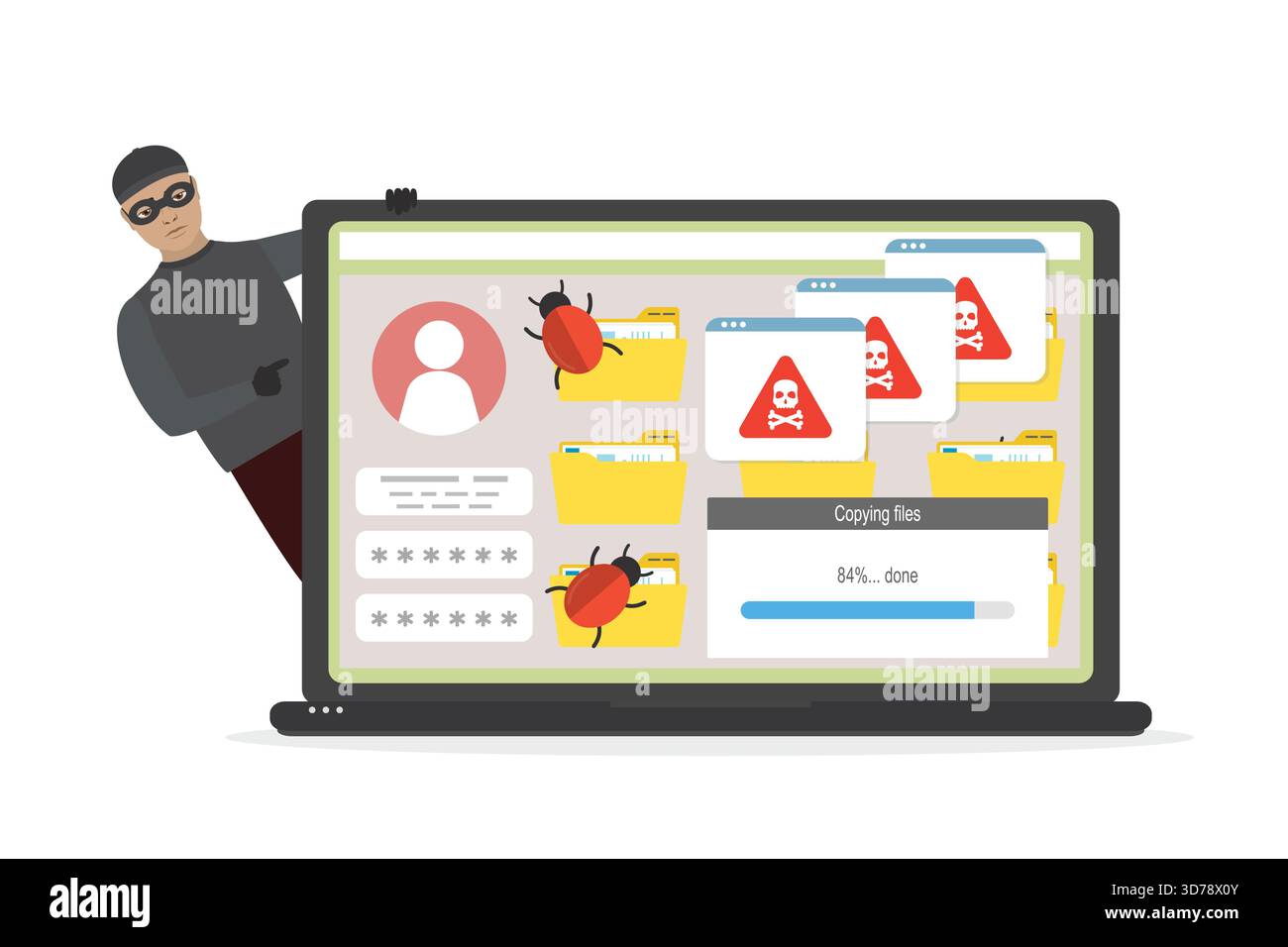 Funny anonymous man steal login, password and data. Bugs and viruses on ...
