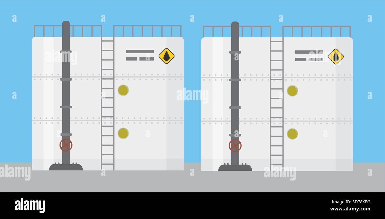 Two oil storage tanks. Cartoon steel container with pipe and ladder ...