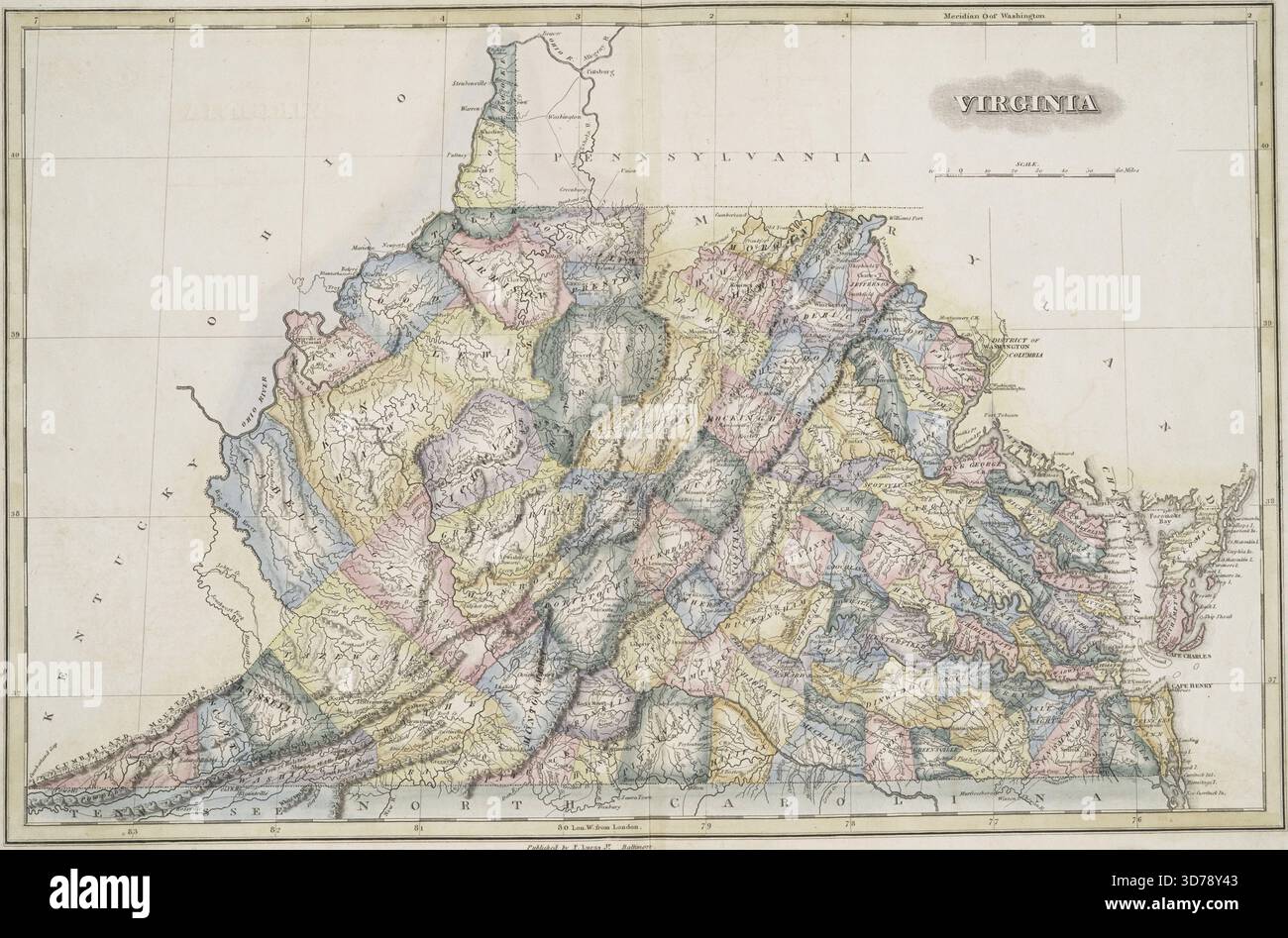 Map of Virginia, published in Baltimore by F. Lucas Jr. in 1823. The ...