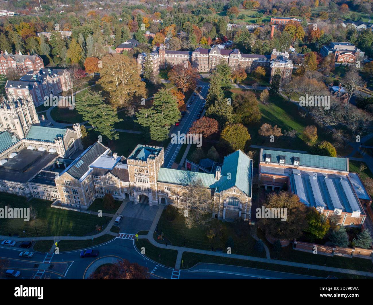 Aerial view of Vassar College's gothic spires and autumnal trees ...