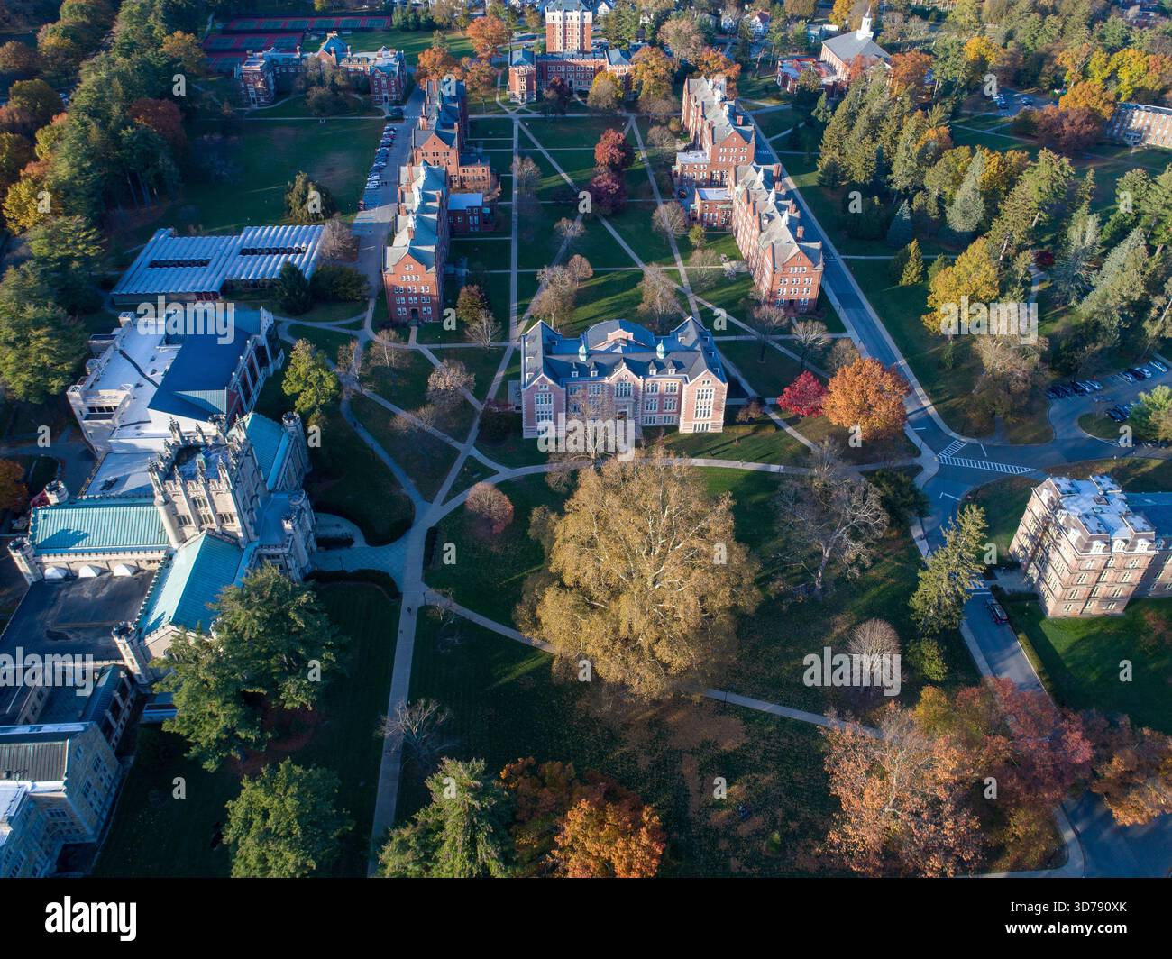 Aerial view of Vassar College's gothic buildings and tree-lined ...